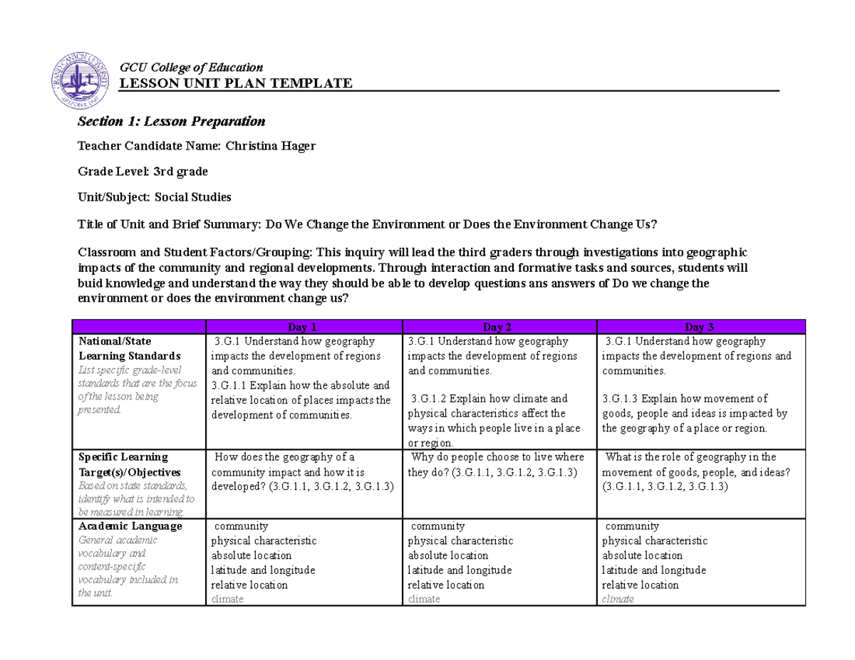3-day unit plan template - Section 1: Lesson Preparation Teacher ...