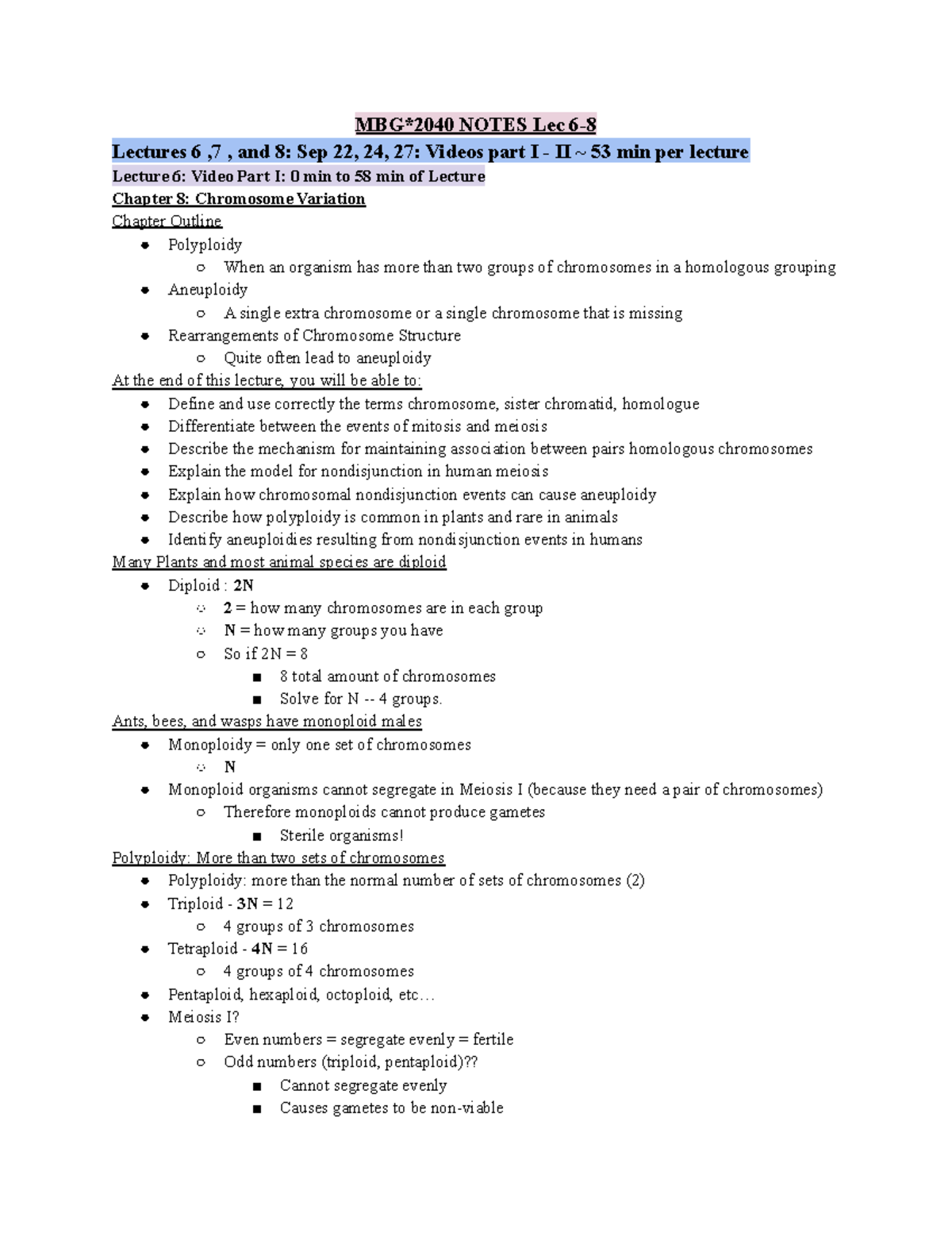 MBG 2040 LEC 6-8 notes - Mbg2040 - U of G - Studocu