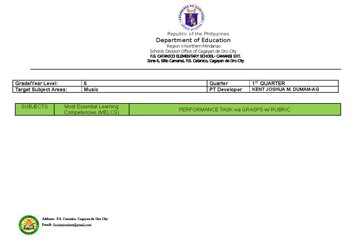 Grade 5 Quarter 1 - Performance task 5 - Republic of the Philippines ...