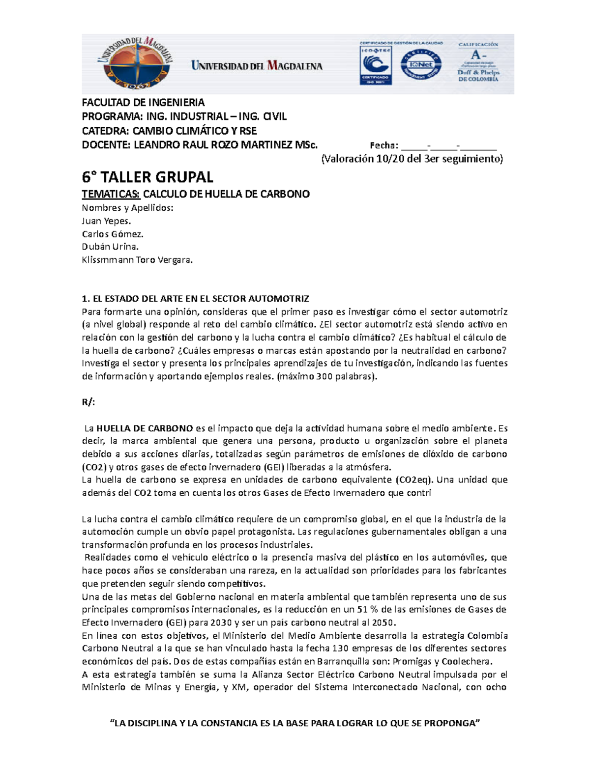 6° Taller Huella DE Carbono (10de20) - FACULTAD DE INGENIERIA PROGRAMA ...