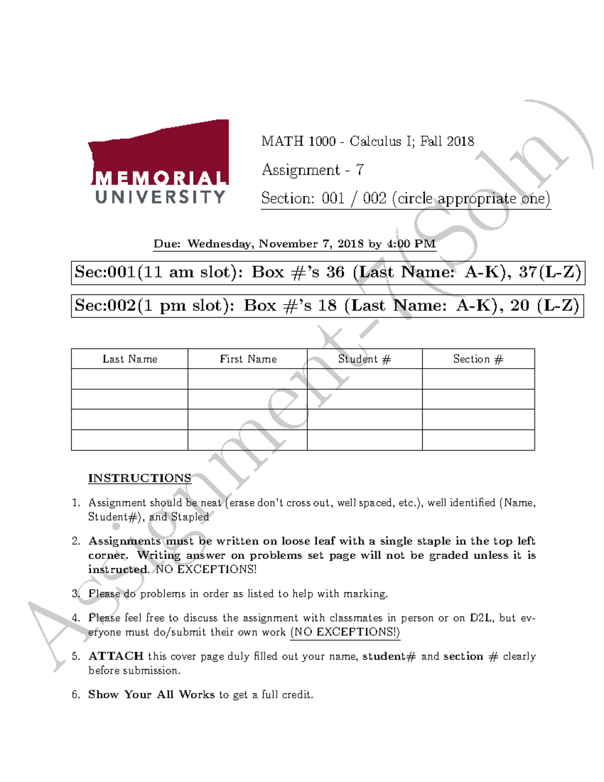 MATH 1000 Assignment 7 Soln - Assignment-7(Soln) MATH 1000 - Calculus I ...