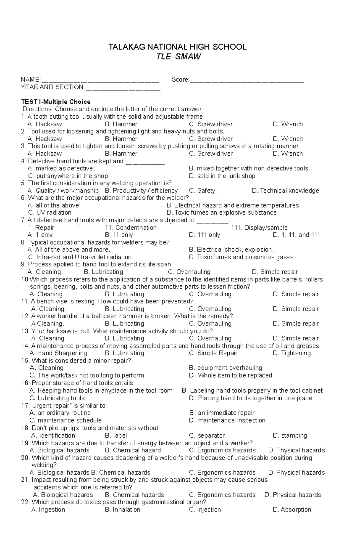 382982108 tle 7 smaw test - TALAKAG NATIONAL HIGH SCHOOL TLE SMAW - Studocu