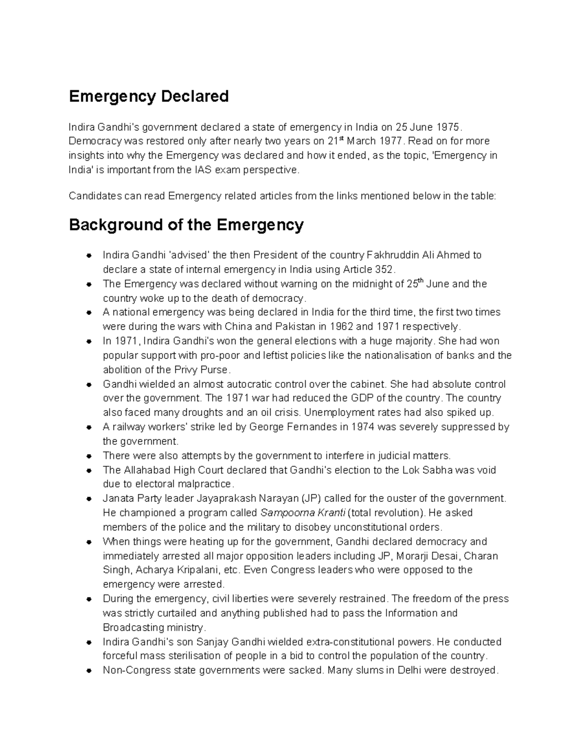 Emergency-Declared - Notes - Emergency Declared Indira Gandhi9s ...