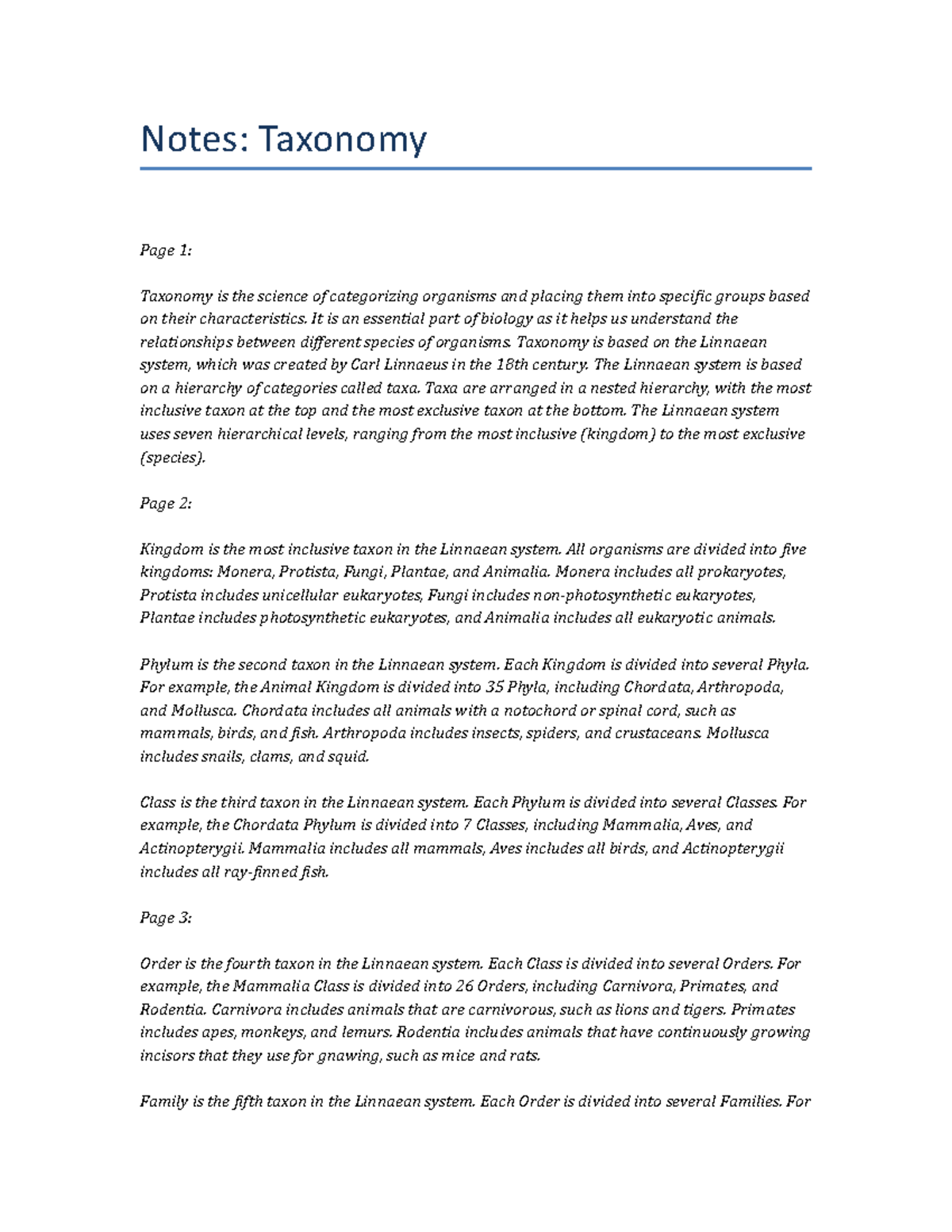 Taxonomy Lecture Notes - Notes: Taxonomy Page 1: Taxonomy is the ...