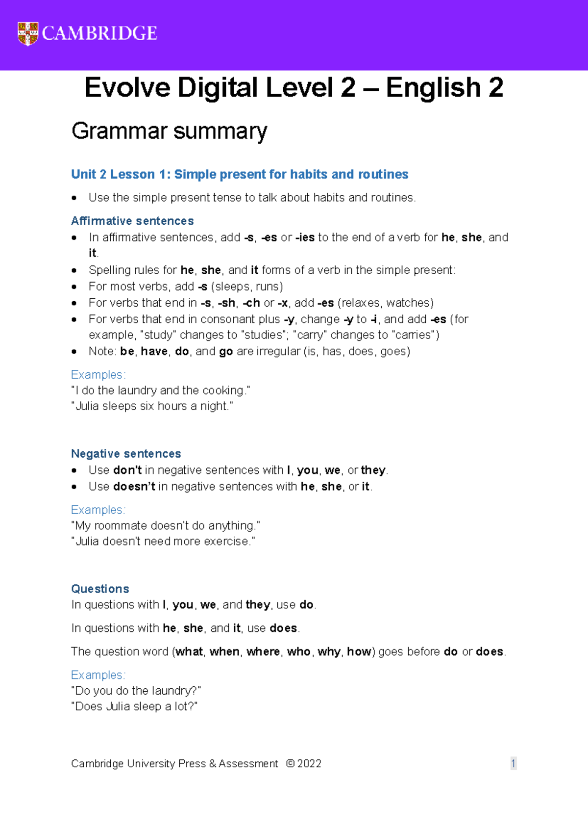Unit 2 - E2 - Grammar - ingles - Cambridge University Press & Assessment © 2022 1 Evolve Digital ...