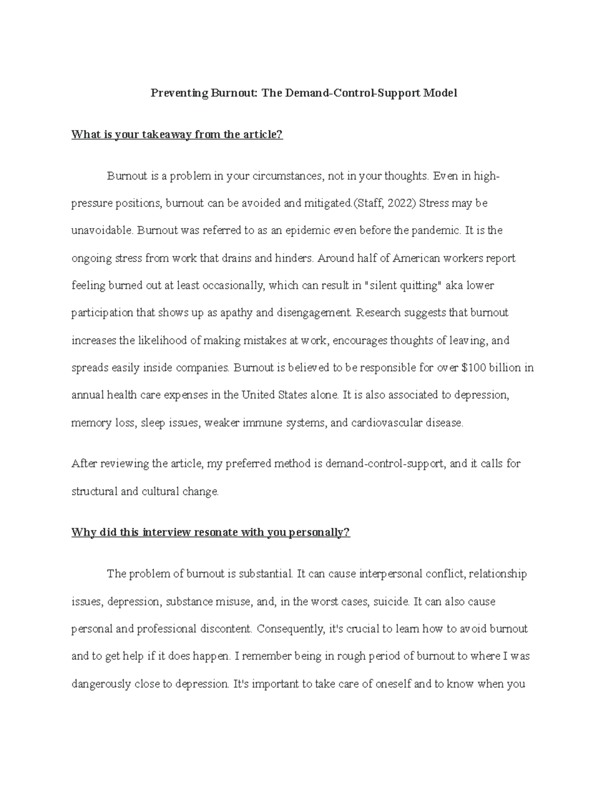 Learning Journal 2-2 - Preventing Burnout: The Demand-Control-Support ...