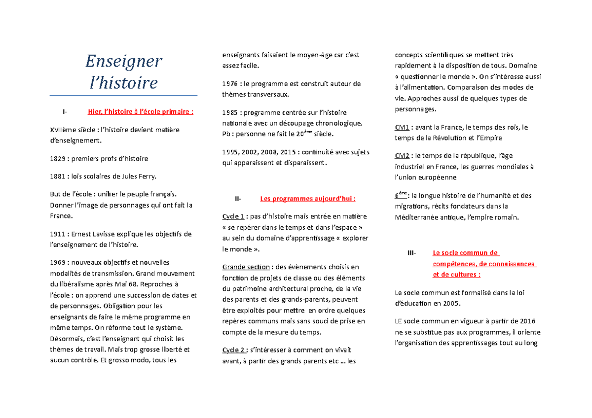 Enseigner l'histoire - Enseigner l’histoire I- Hier, l’histoire à l ...