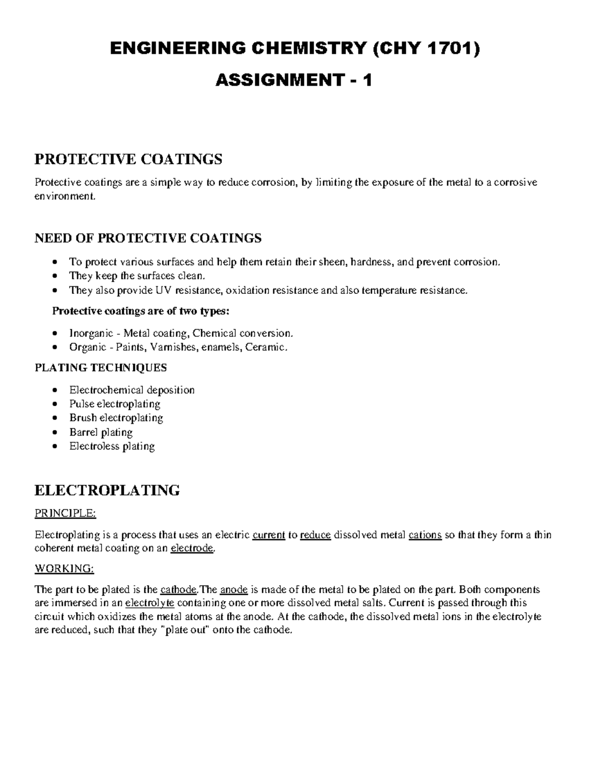 Document 12 - Proactive Coatings and Electroplating - ENGINEERING CHEMISTRY (CHY 1701 ...