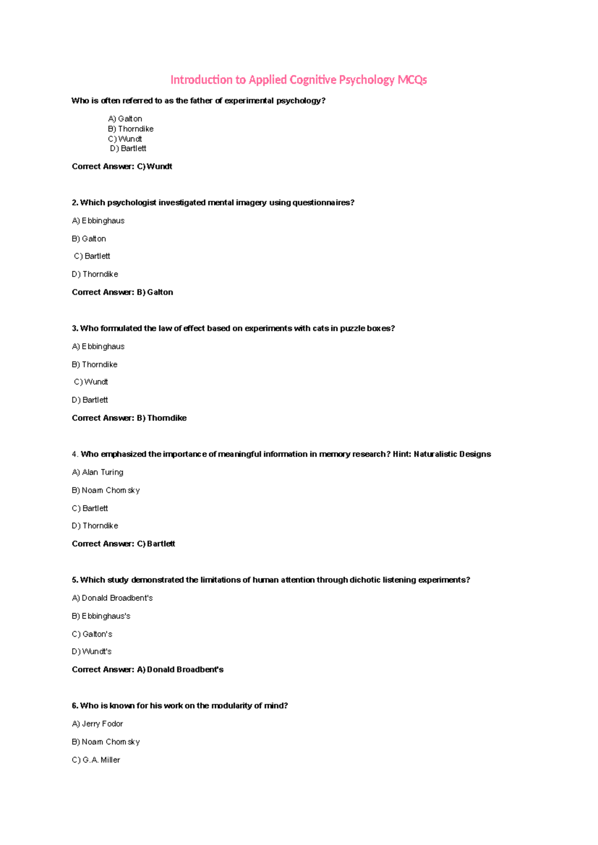 Applied Cognitive Psychology MCQs & SAQs - Introduction to Applied ...