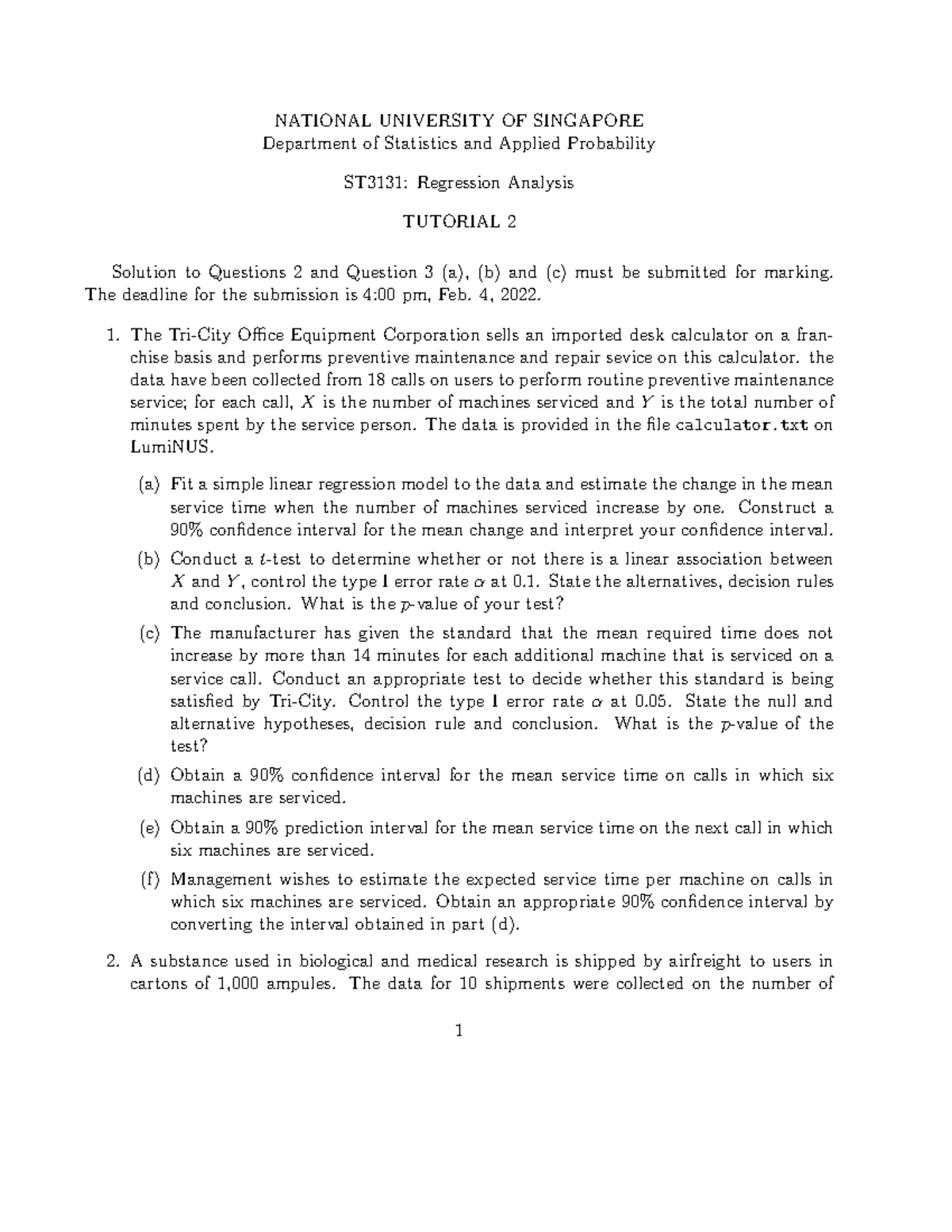 ST3131 hw2 - Lecture notes 1 - NATIONAL UNIVERSITY OF SINGAPORE ...