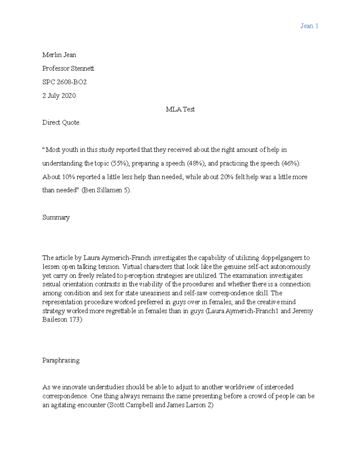 MLA TEST for msl 1001 - Jean 1 Merlin Jean Professor Stennett SPC 2608 ...