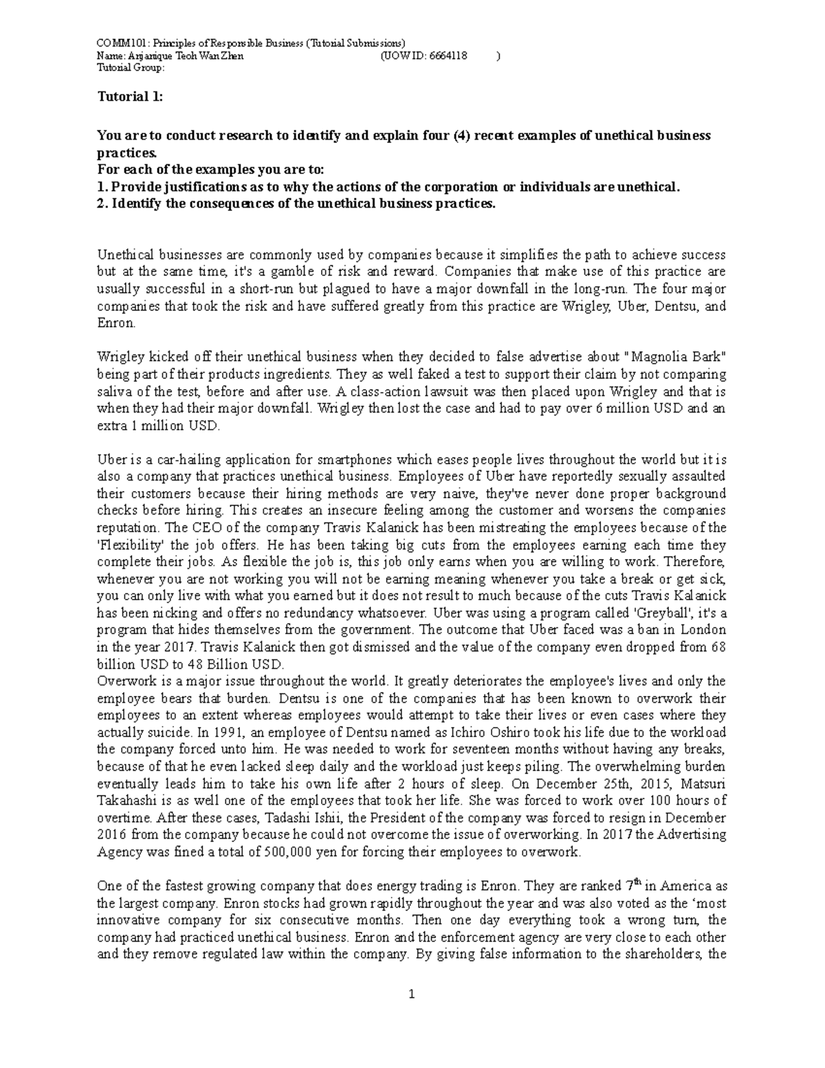 Tutorial Submission Template (COMM101) (2019 ) - COMM101: Principles of ...