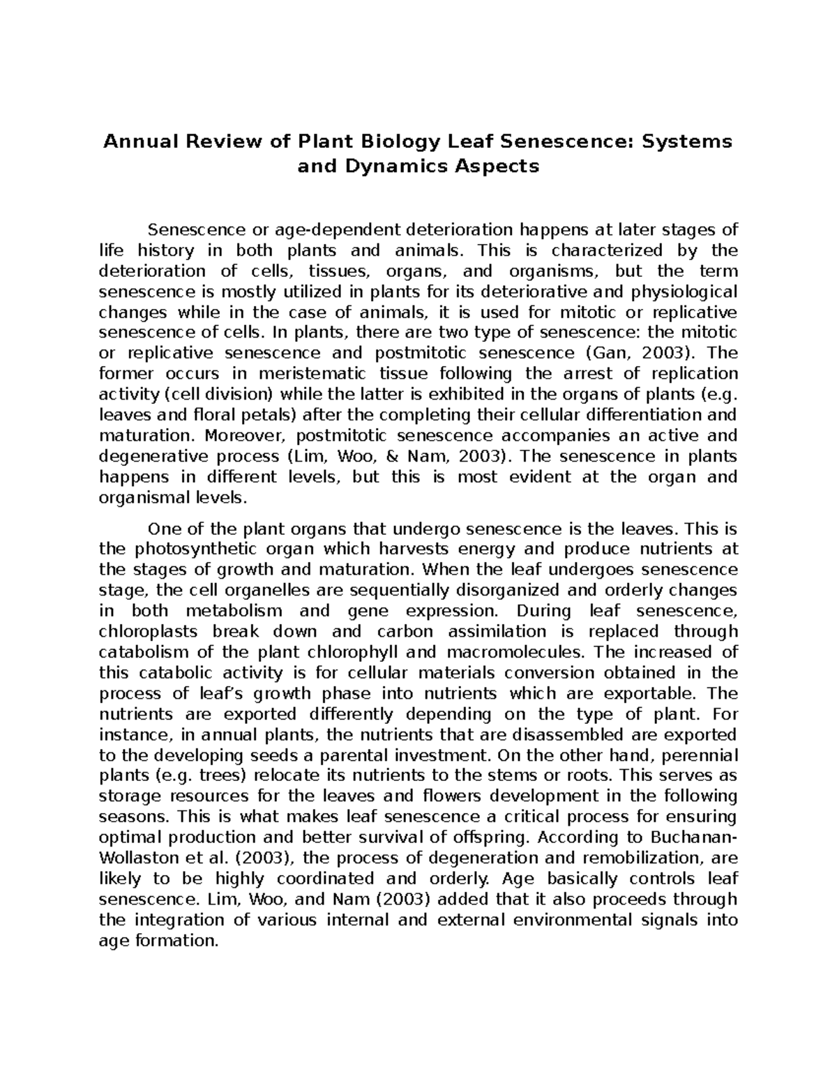A. Learning TASK NO. 1 - Annual Review of Plant Biology Leaf Senescence ...