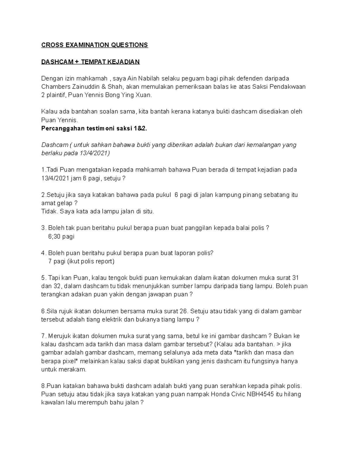 Cross Examination Questions - CROSS EXAMINATION QUESTIONS DASHCAM ...