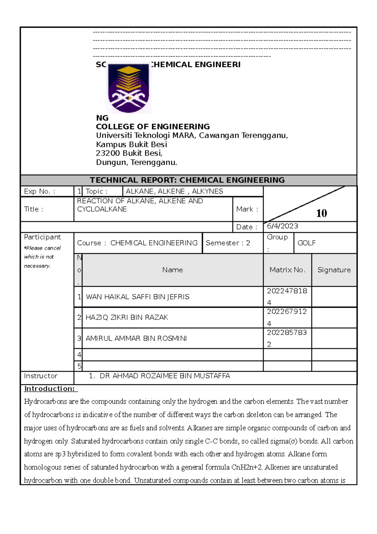 Experiment 1 CHE 145 - SCHOOL OF CHEMICAL ENGINEERI NG COLLEGE OF ...