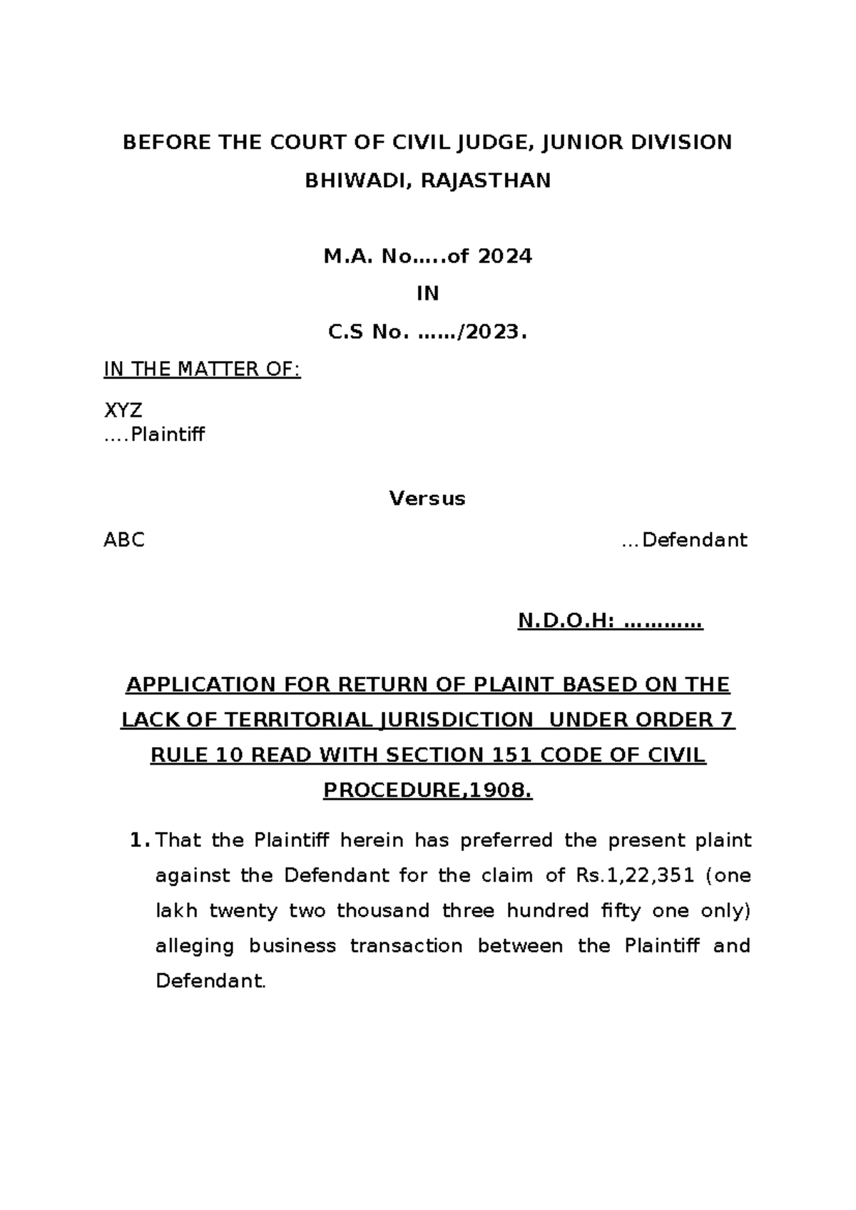 Return of Plaint Application under Order 7 Rule 10 CPC, 1908 - BEFORE THE COURT OF CIVIL JUDGE ...