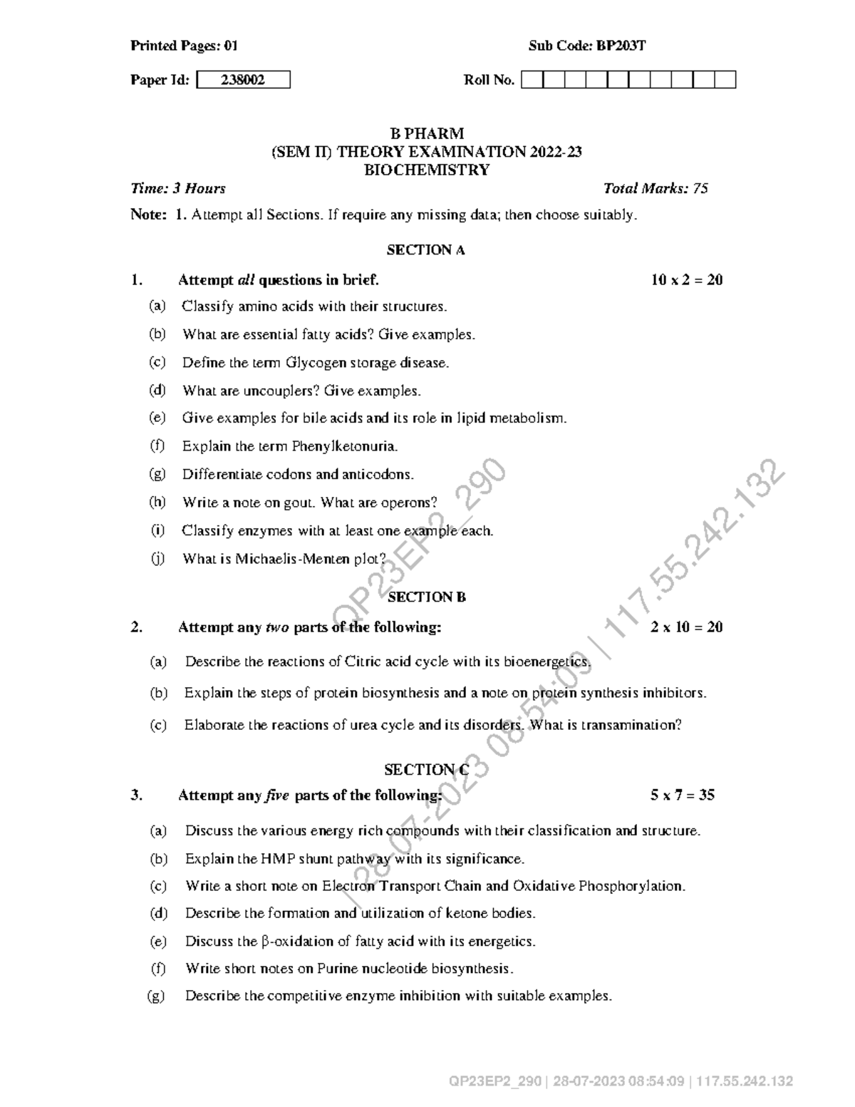 Bpharm 2 sem biochemistry bp203t 2023 - QP23EP2_ | 28-07-2023 08:54:09 ...