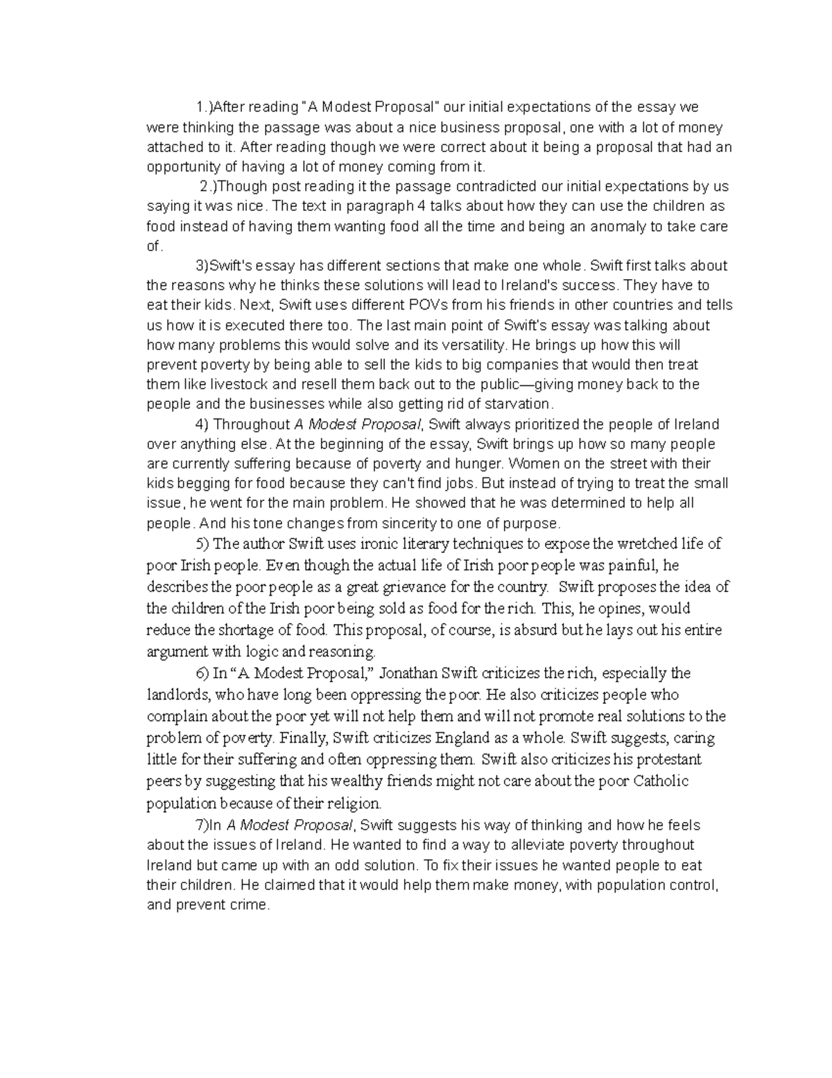 A Modest Proposal Postreading - 1.)After reading “A Modest Proposal ...