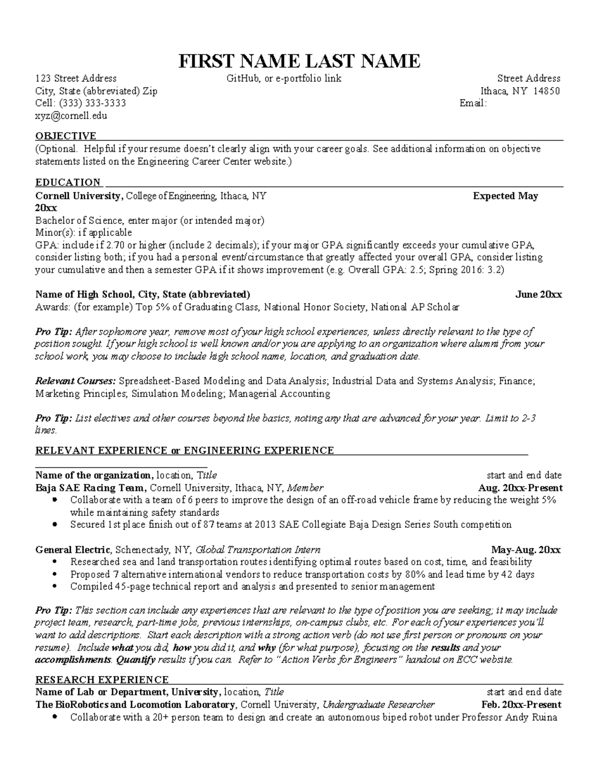 Undergrad Resume w Notes - FIRST NAME LAST NAME 123 Street Address ...