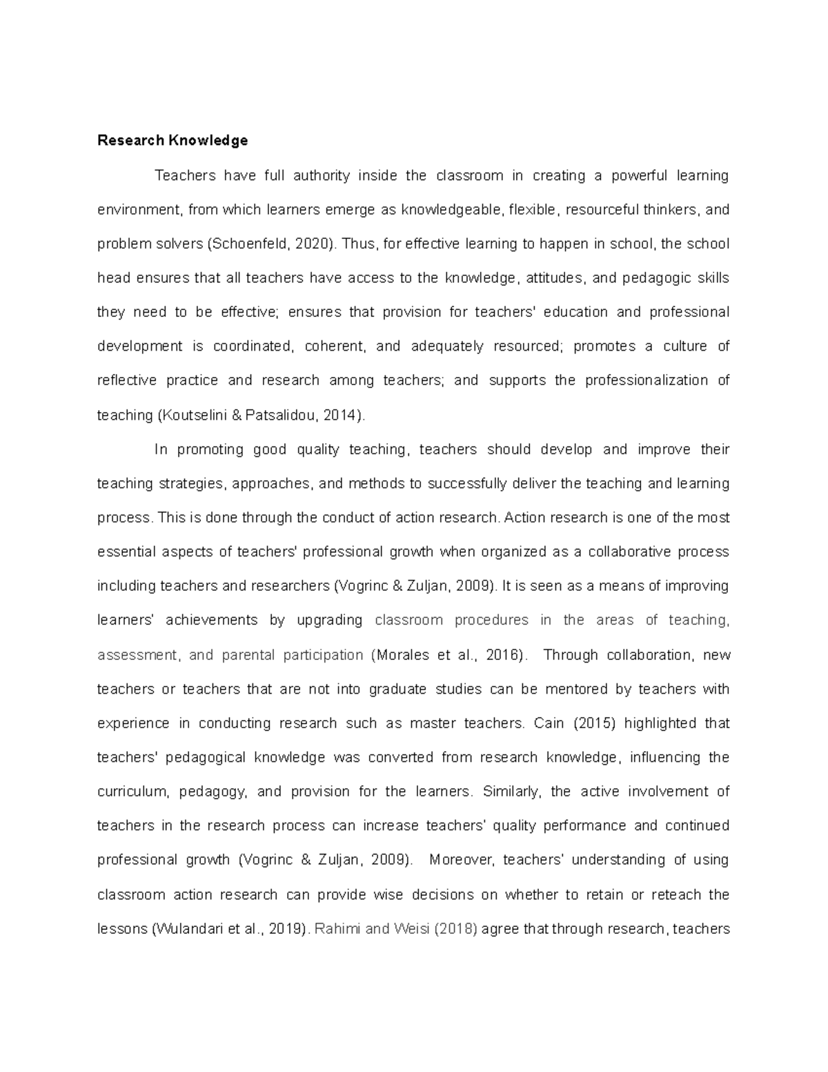 Research Knowledge Literature Review - Research Knowledge Teachers have ...