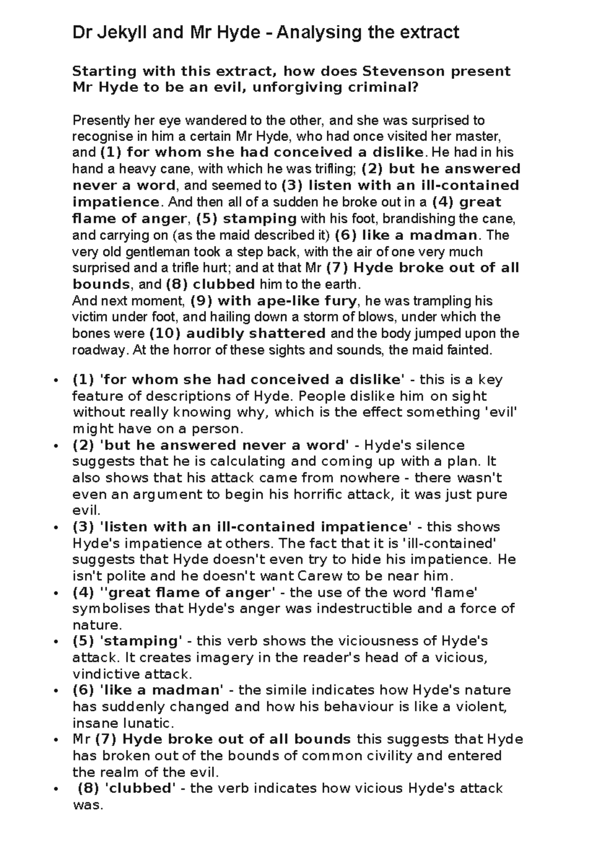 Carew Extract Anger Dr Jekyll and Mr Hyde - Dr Jekyll and Mr Hyde - Analysing the extract ...