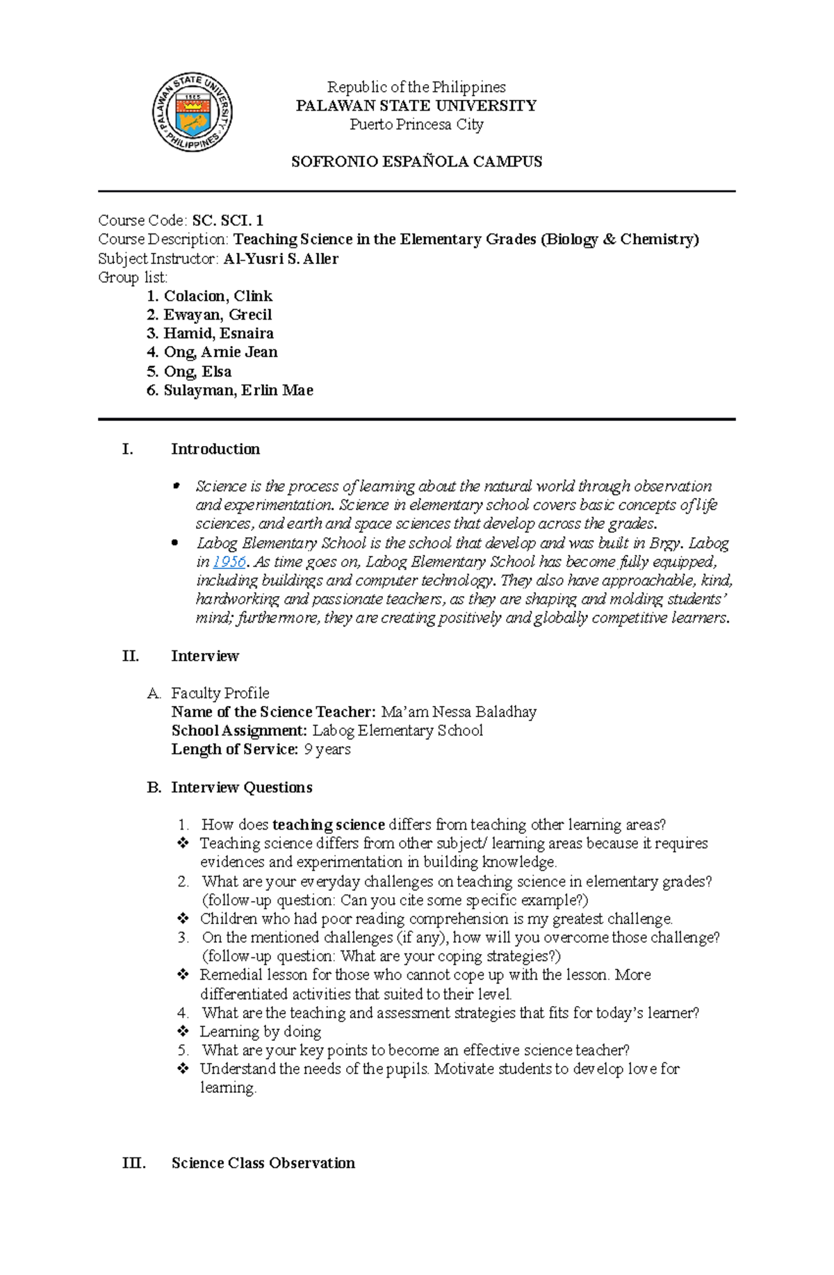 Science Observation - basta - Republic of the Philippines PALAWAN STATE ...