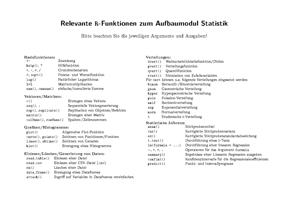 Befehle R - Relevante R-Funktionen zum Aufbaumodul Statistik Bitte ...