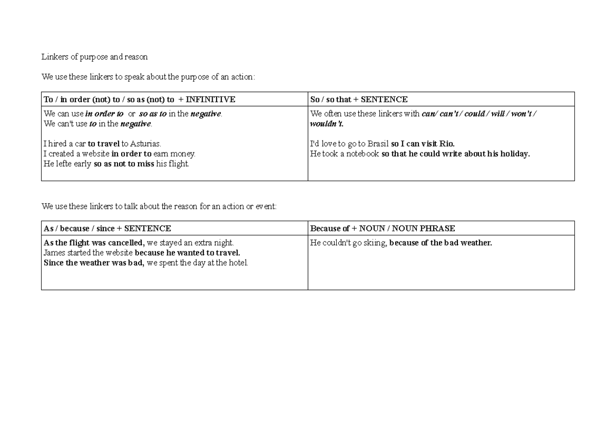 Linkers of Purpose and Reason - Linkers of purpose and reason We use ...