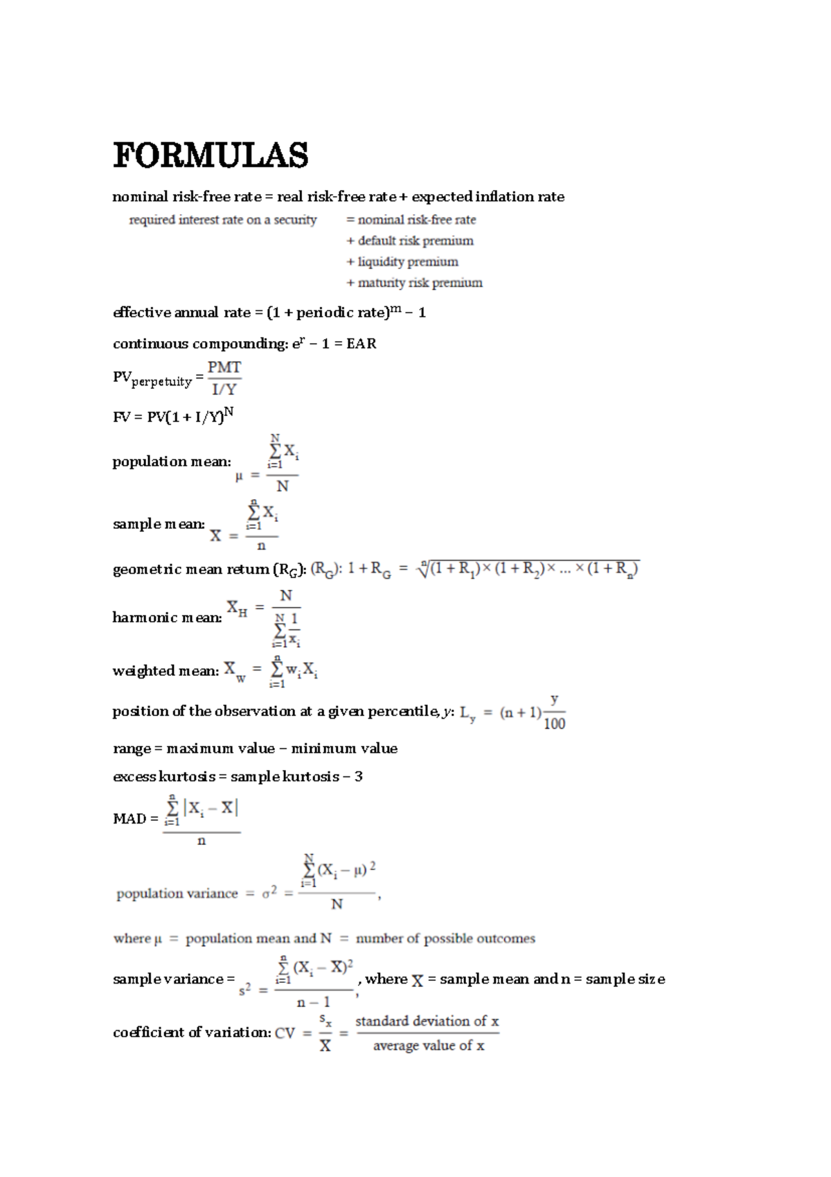 2022 CFA Formula Sheet - CFA notes - nominal risk-free rate α real risk ...