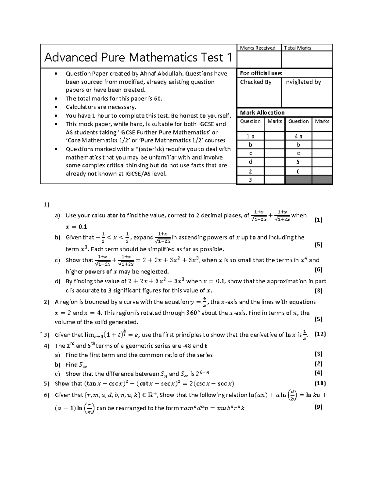 Advanced Pure Maths Test 1 - Advanced Pure Mathematics Test 1 Marks ...