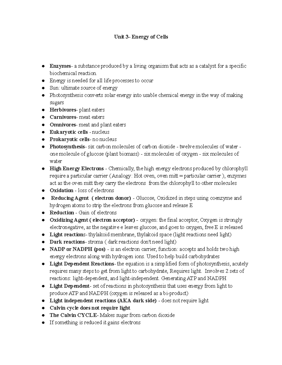 bio notes 1 12 2023 - Unit 3- Energy of Cells Enzymes- a substance ...