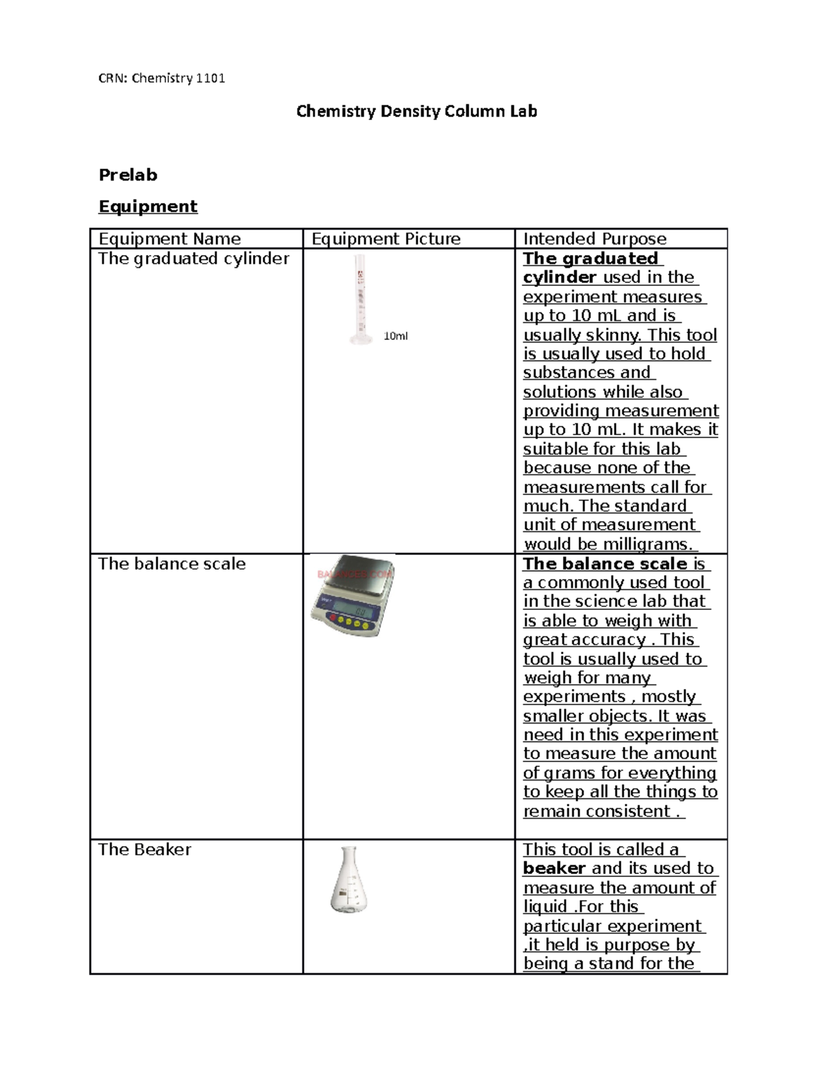 Density lab - Chemistry Density Column Lab Prelab Equipment Equipment ...
