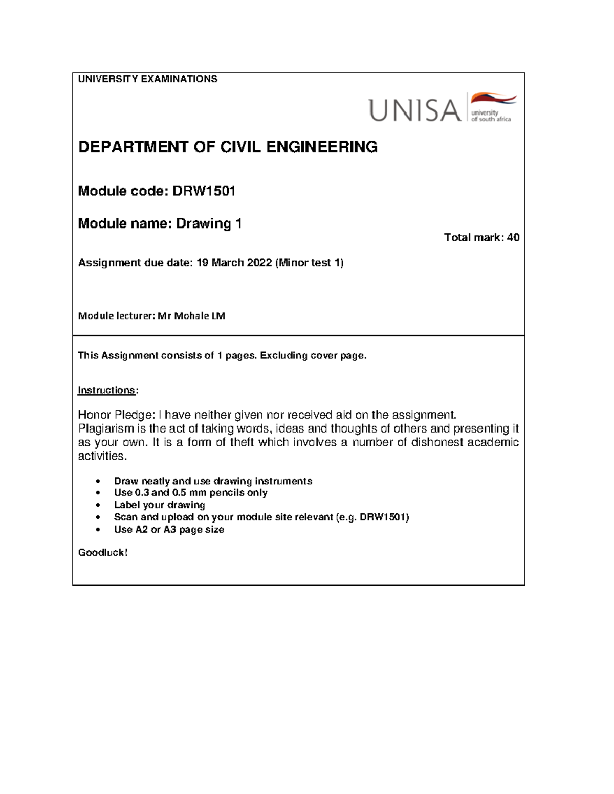 Minor test 1 DRW1501 - Drawings practice - UNIVERSITY EXAMINATIONS ...