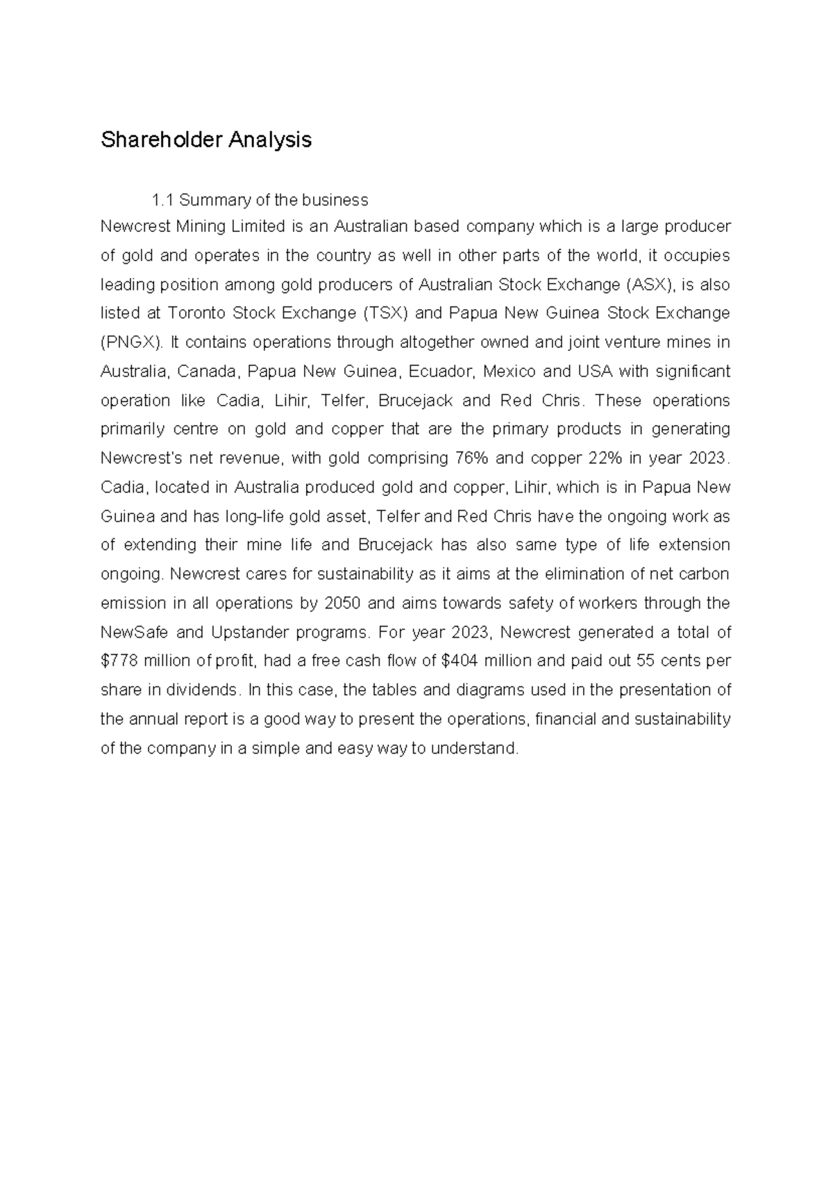 Corporate finance assignment - Shareholder Analysis 1 Summary of the ...