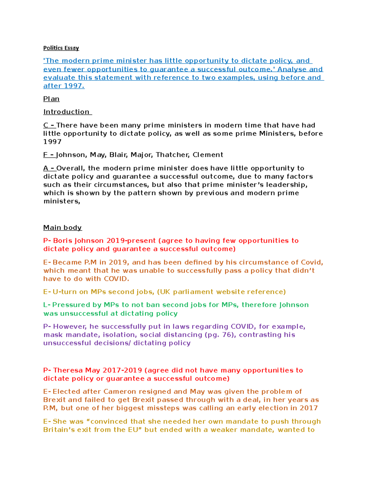 Politics Essay - P - Politics Essay 'The modern prime minister has ...