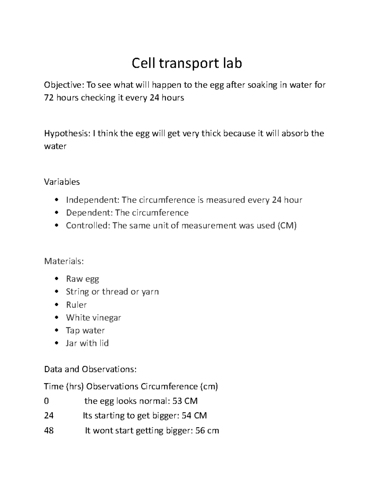 Document 22 - Cell transport lab Objec琀椀ve: To see what will happen to ...