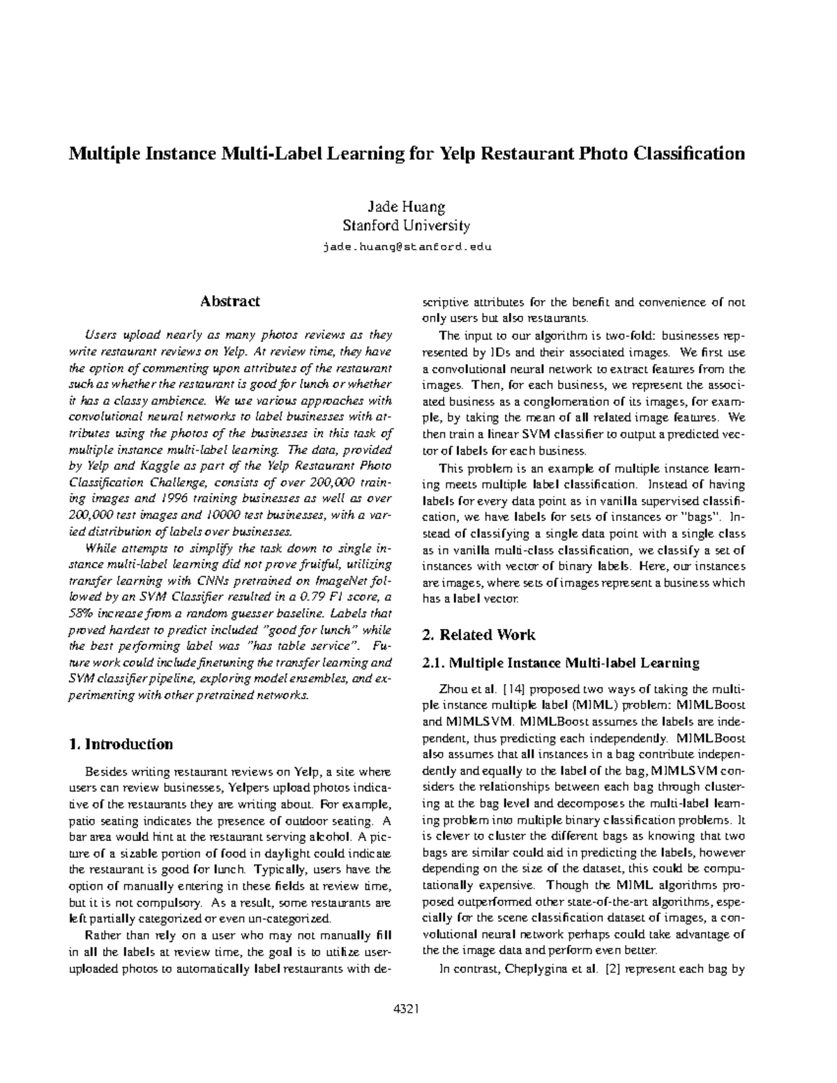 Multiple instance multi-label learning for yelp restaurant photo classification - Multiple ...