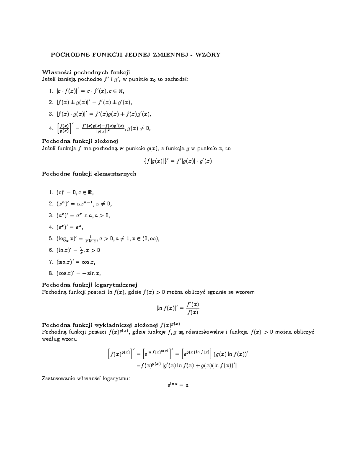 Wyklad 5pochodne Wzory - POCHODNE FUNKCJI JEDNEJ ZMIENNEJ - WZORY Własności pochodnych funkcji ...