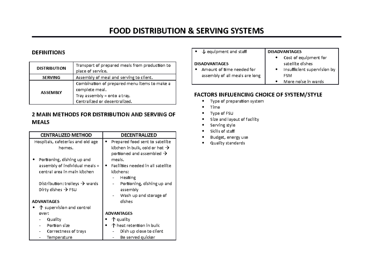 FOOD Distribution study notes - FOOD DISTRIBUTION SERVING SYSTEMS ...