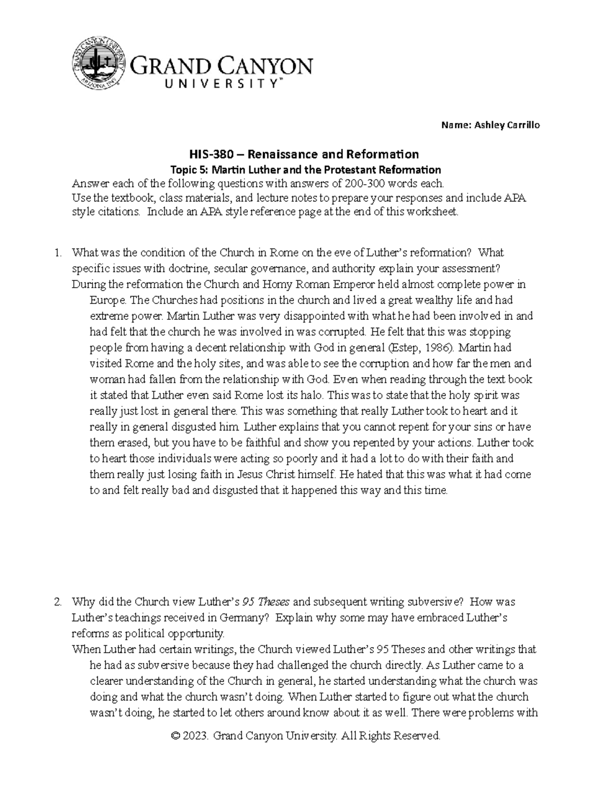 HIS 380 RS T5 Martin Lutherandthe Protestant Reformation Worksheet ...