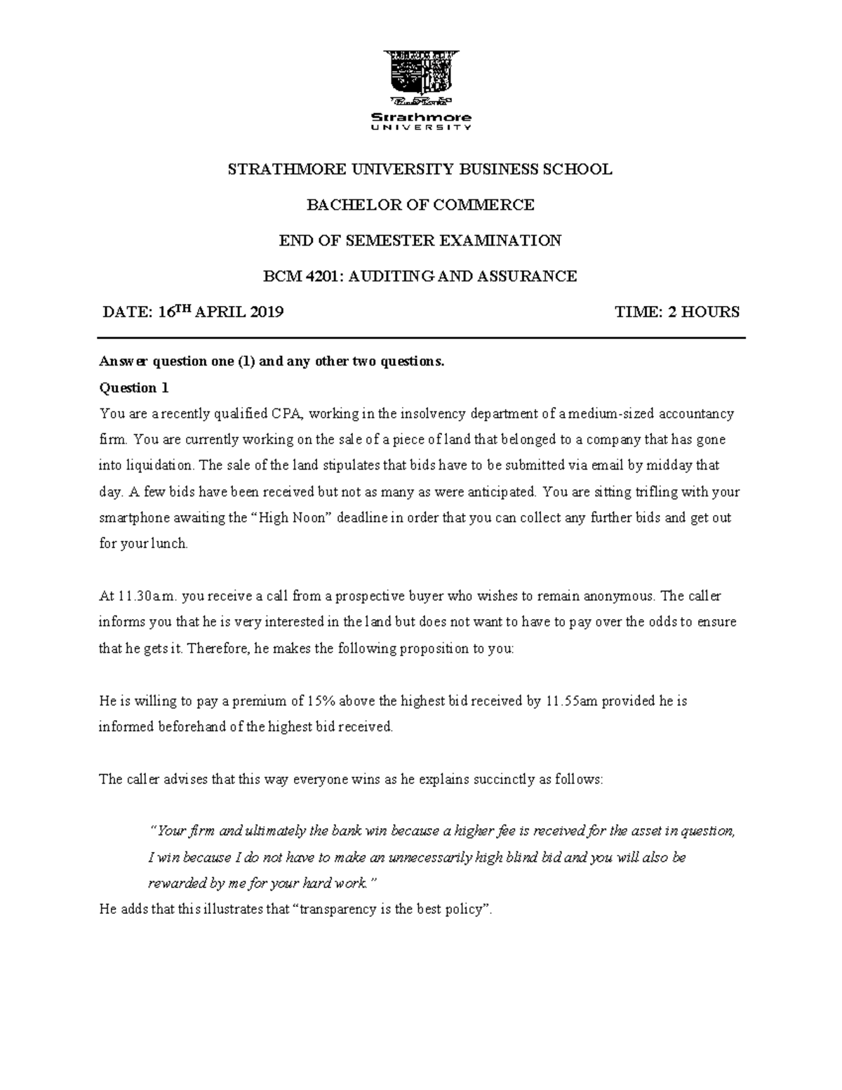 BCM 4201 - Audit and assurance - April 2019 - STRATHMORE UNIVERSITY ...