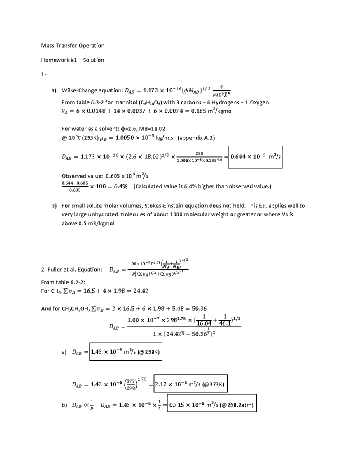 Solution Homework 1 - Sol - Mass Transfer Operation Homework #1 ...