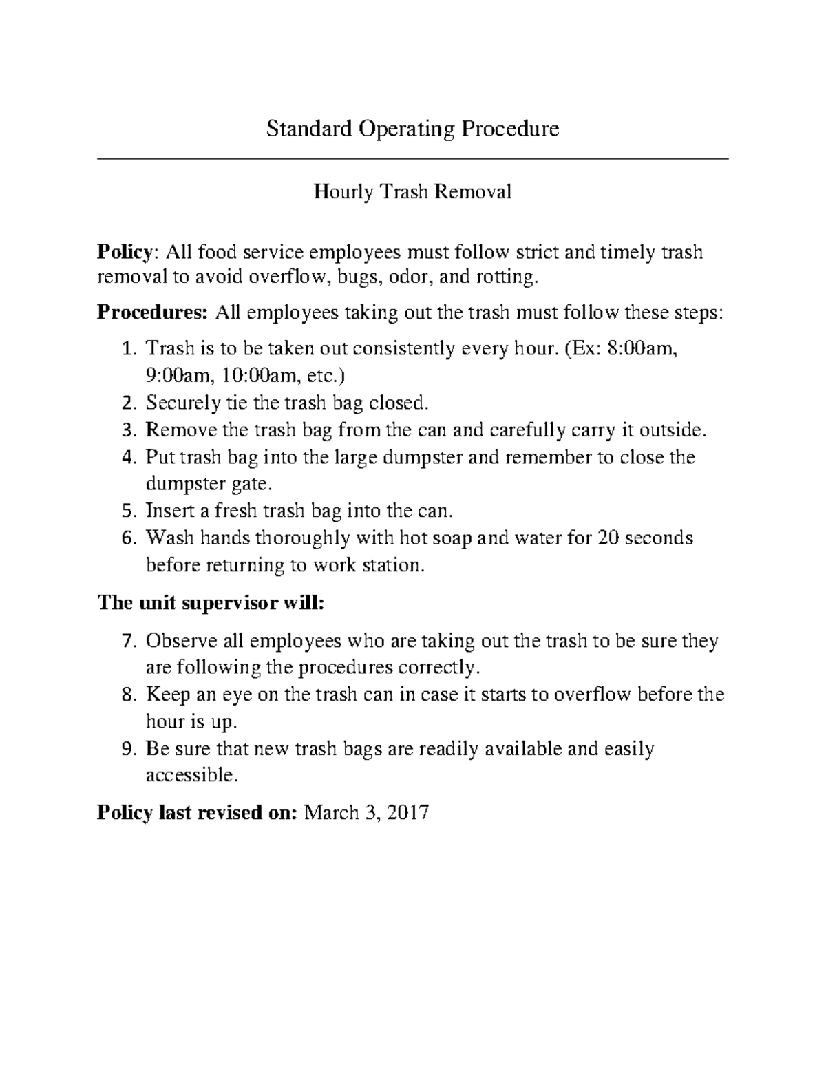 SOP trash - Standard Operating Procedure Hourly Trash Removal Policy ...