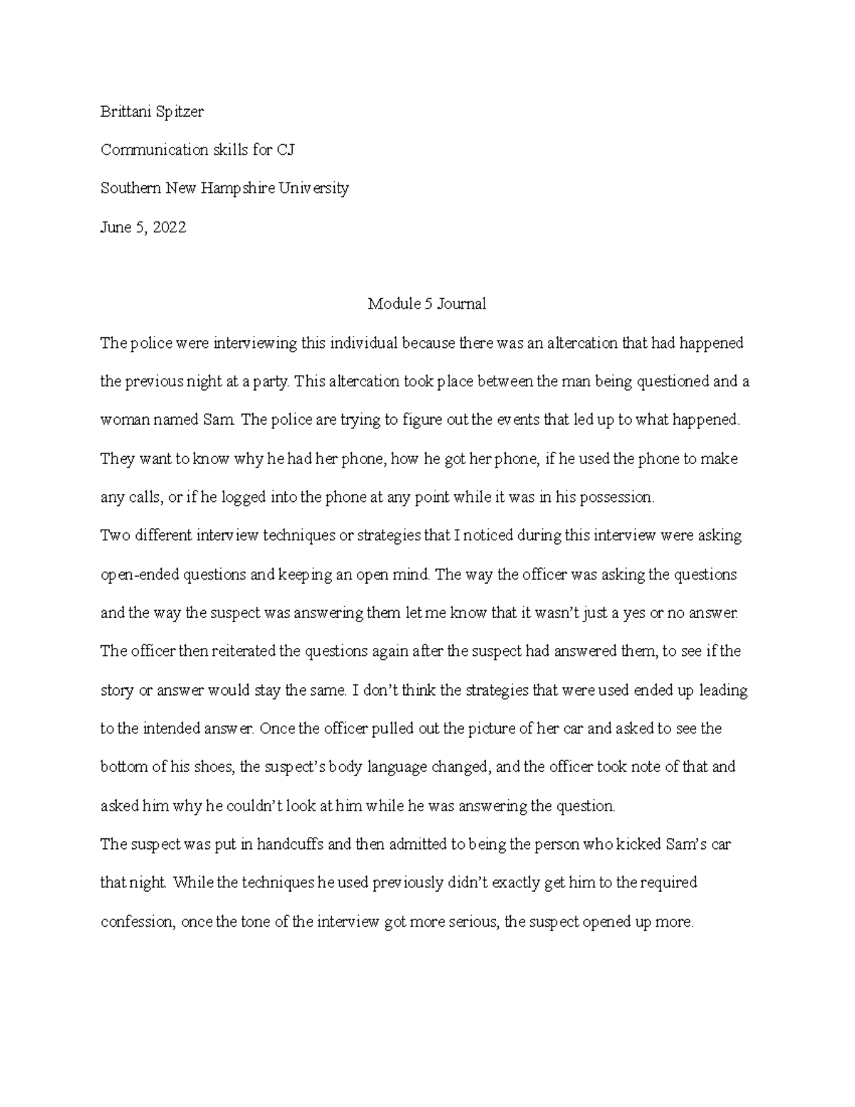 Module 5 journal - Brittani Spitzer Communication skills for CJ ...