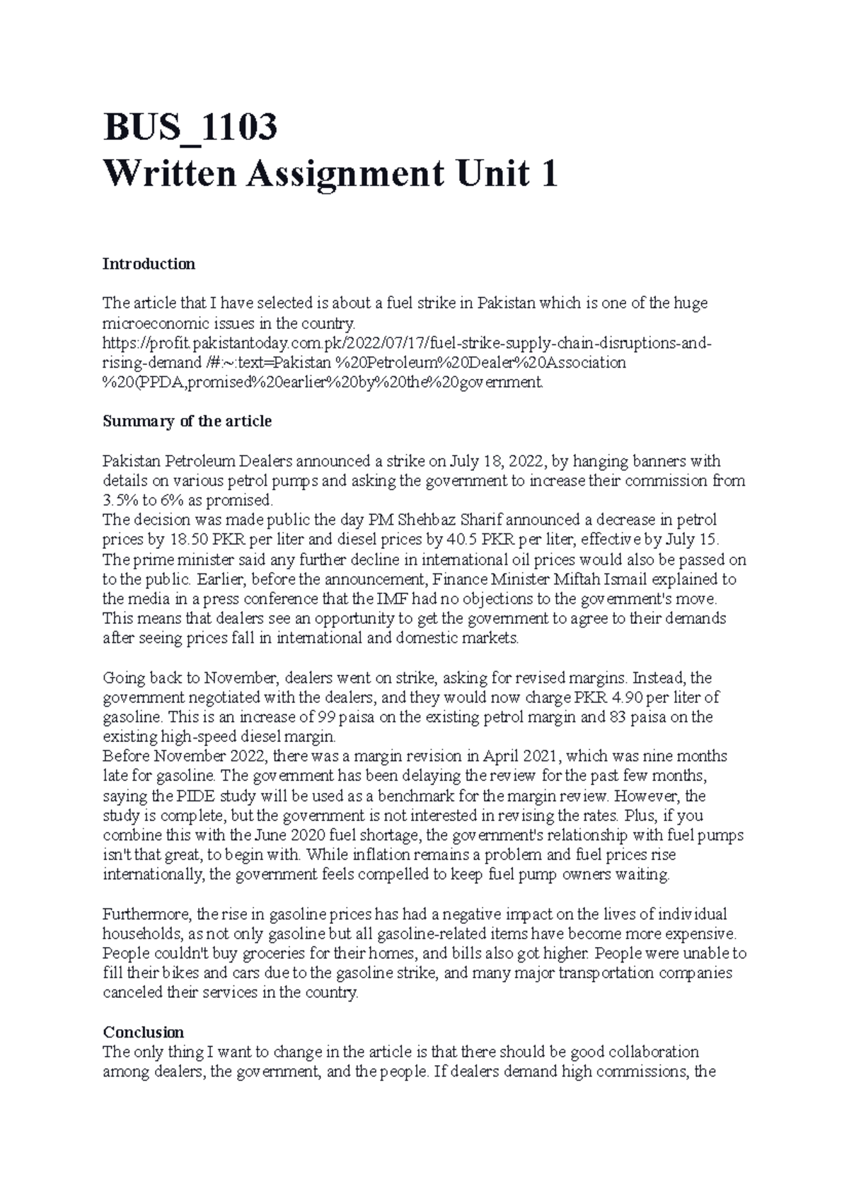 Bus Written Assignment Unit 1 Bus Written Assignment Unit 1 Introduction The Article That I