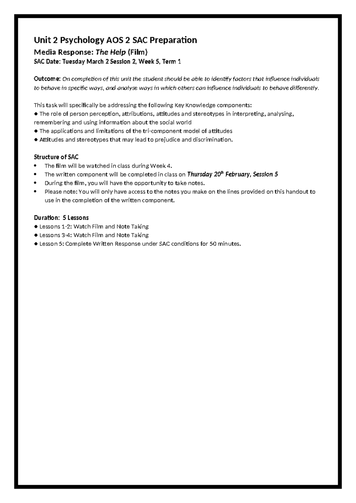 AOS 2 SAC Media Response - The Help Preperation Sheet-1 - Unit 2 ...