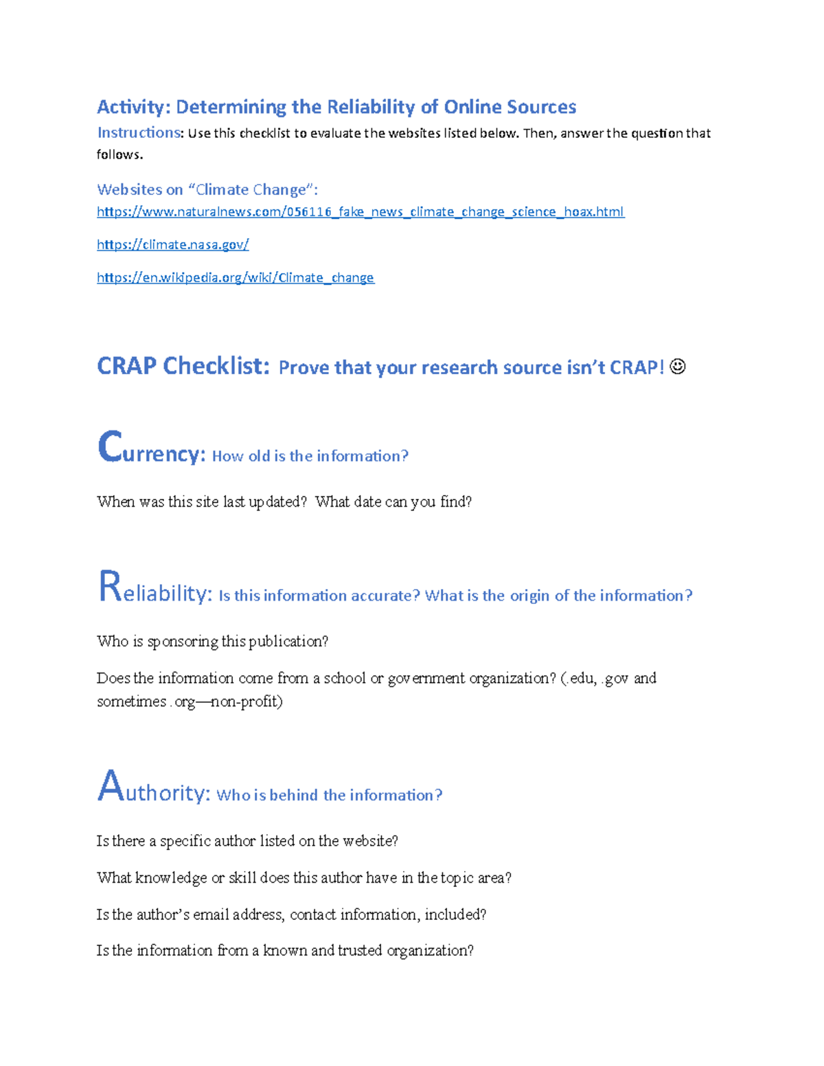 Activity Evaluating the Crediblity of Online Sources - Ac#vity ...