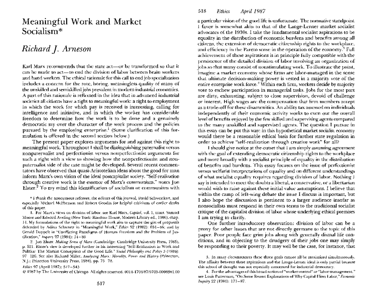 Arneson 15 - fdasf - Meaningful Work and Market Socialism* Richard J ...