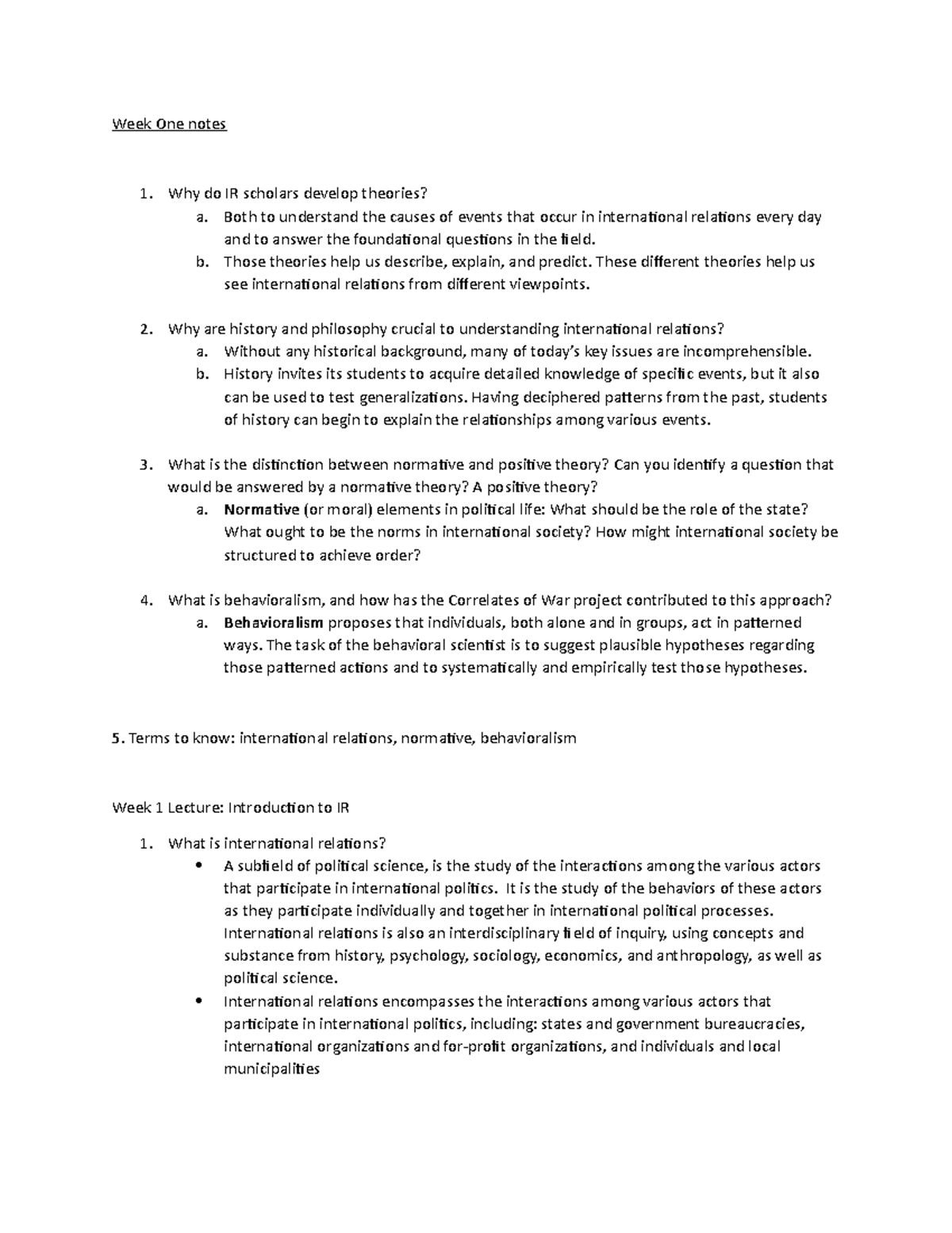 Week 1: Intro to IR reading guide - Week One notes Why do IR scholars ...