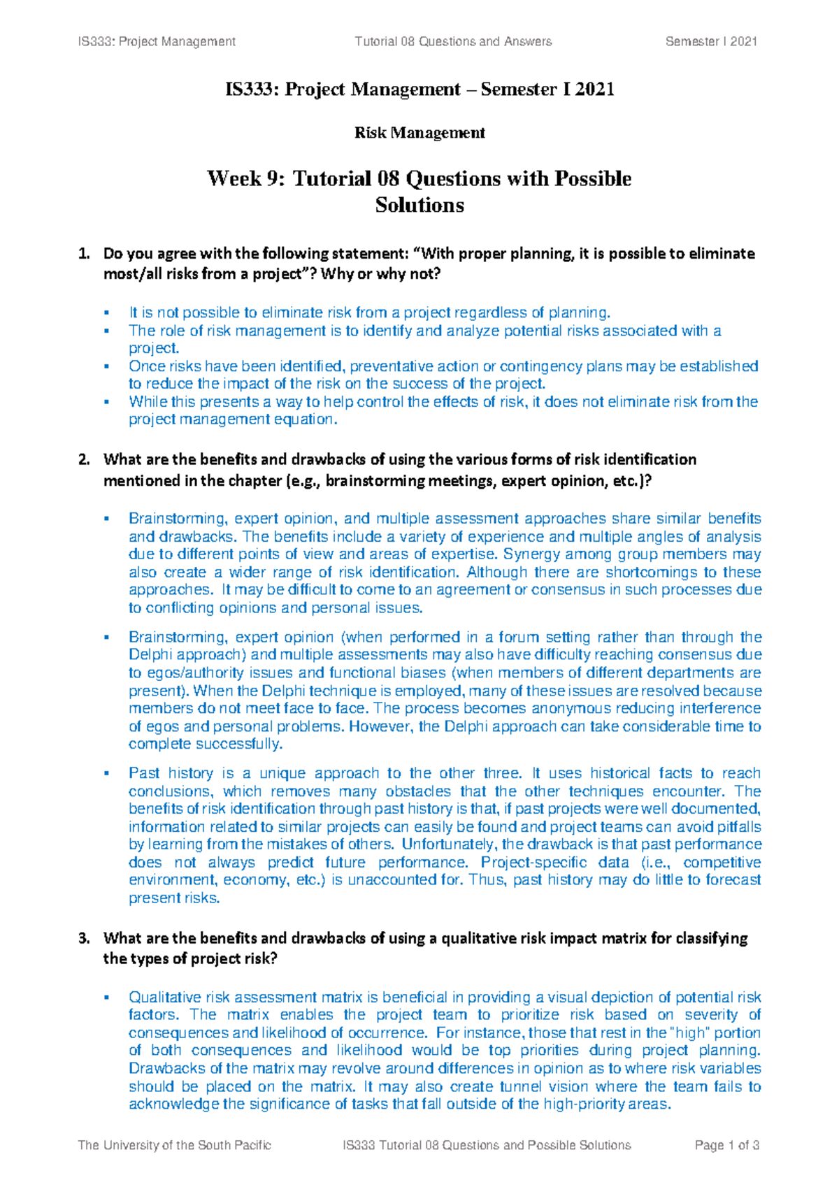 Tutorial 08 with Questions and Possible Solutions 2020 - IS333: Project ...